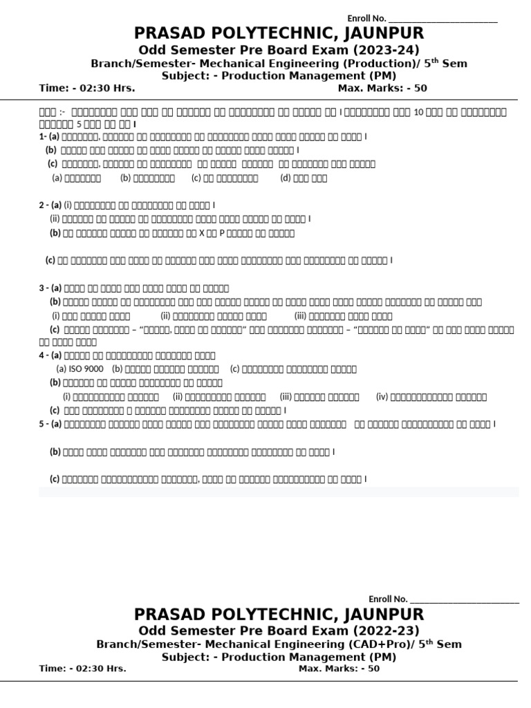 Prasad Polytechnic, Jaunpur: Odd Semester Pre Board Exam (2023-24) | PDF