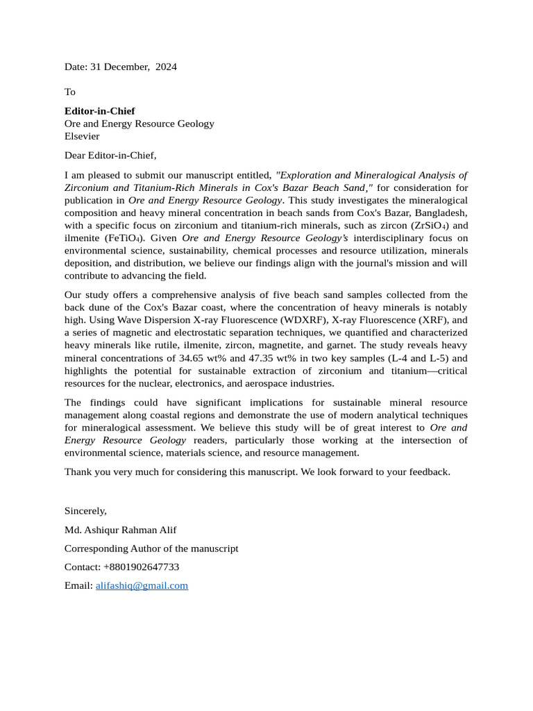 Cover Letter Ore and Energy Resource Geology | PDF