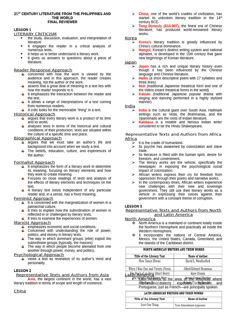 REVIEWER 21st Century Literature From The Philippoines and The World ...