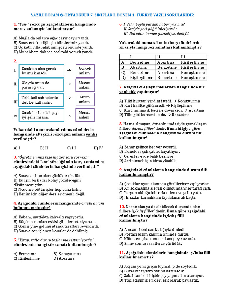 7.SINIF-TURKCE-1.DONEM-1.YAZILI-1 | PDF