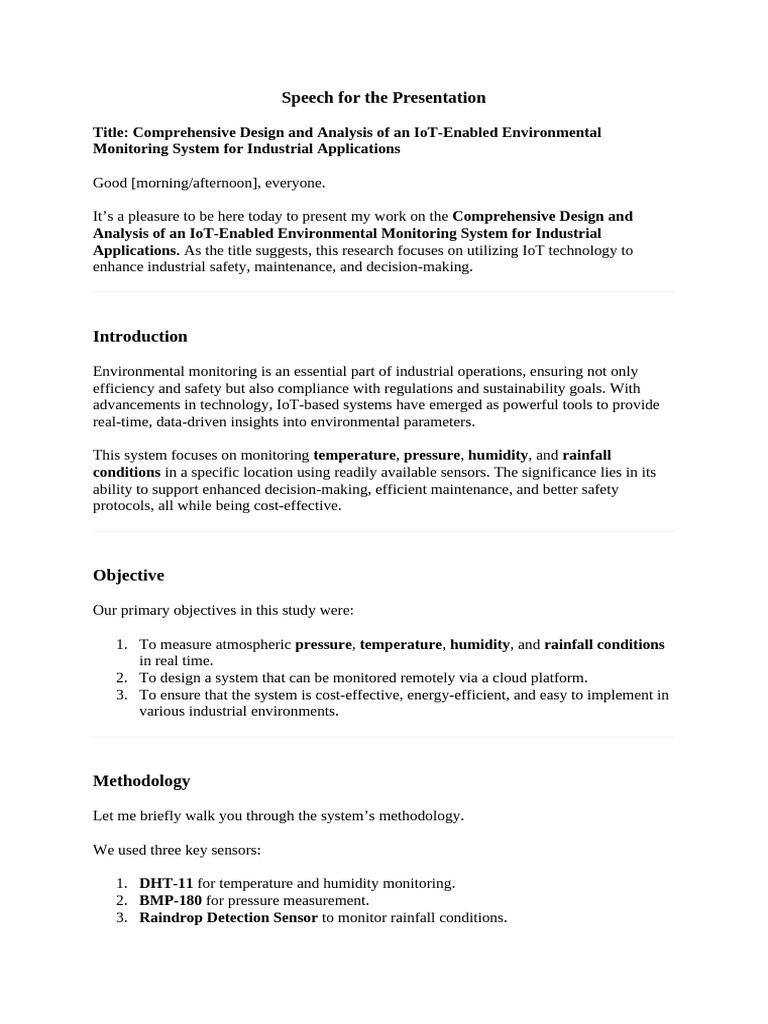 Speech For The Presentation | PDF | Sensor | Environmental Monitoring
