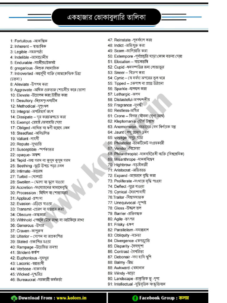 1000+ Important Vocabulary With Bengali Meaning | PDF