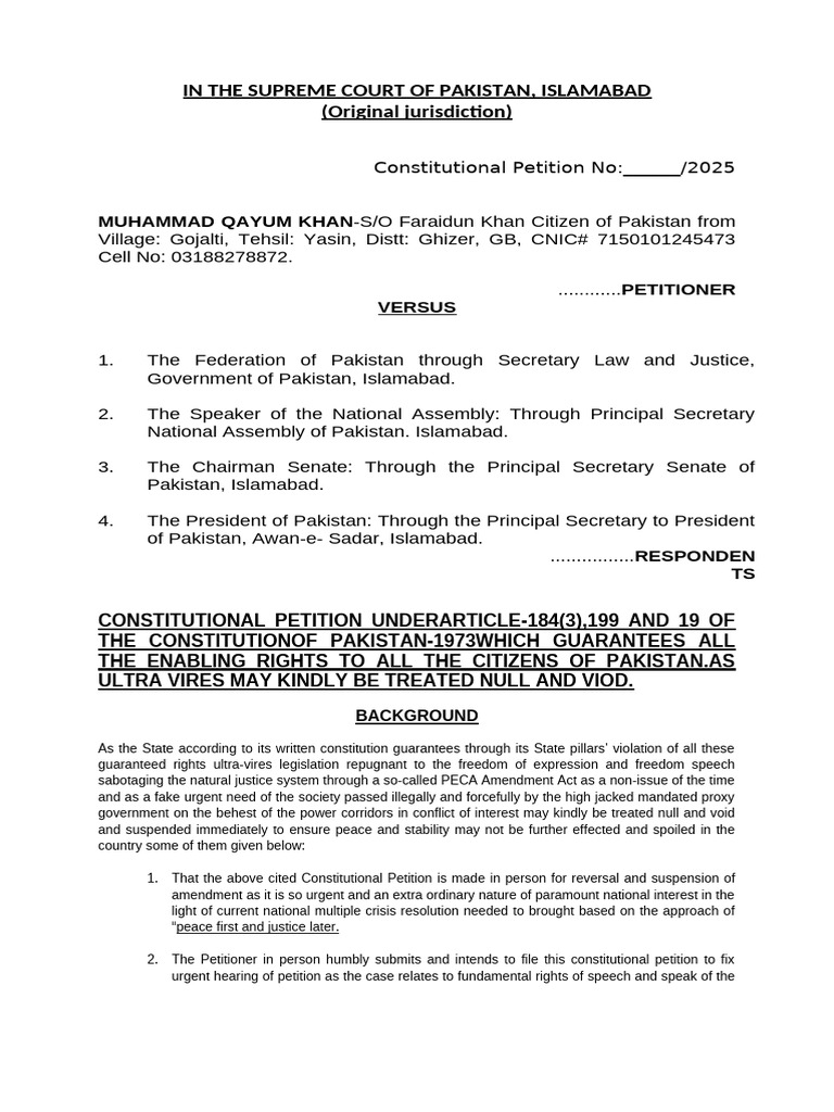 Constitutional Petition Against PECA Amendments | PDF | Political Law ...