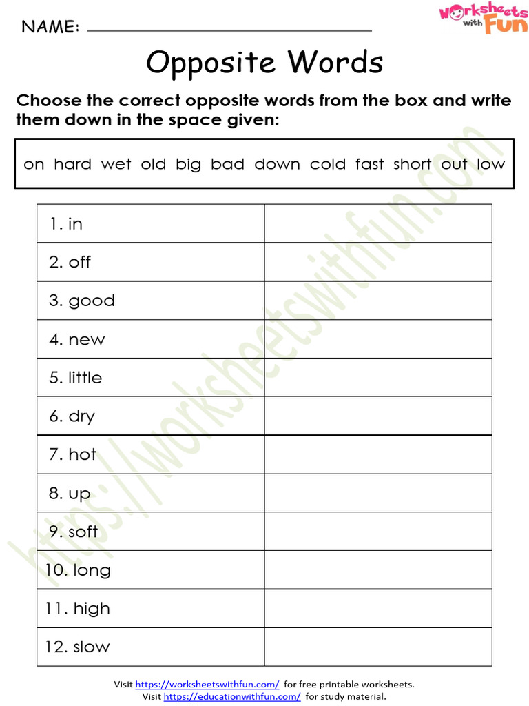 Opposite (Antonyms) Words Worksheet 1 | PDF