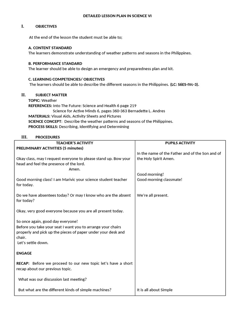 Science VI Lesson Plan: Weather & Seasons | PDF | Rain | Wet Season