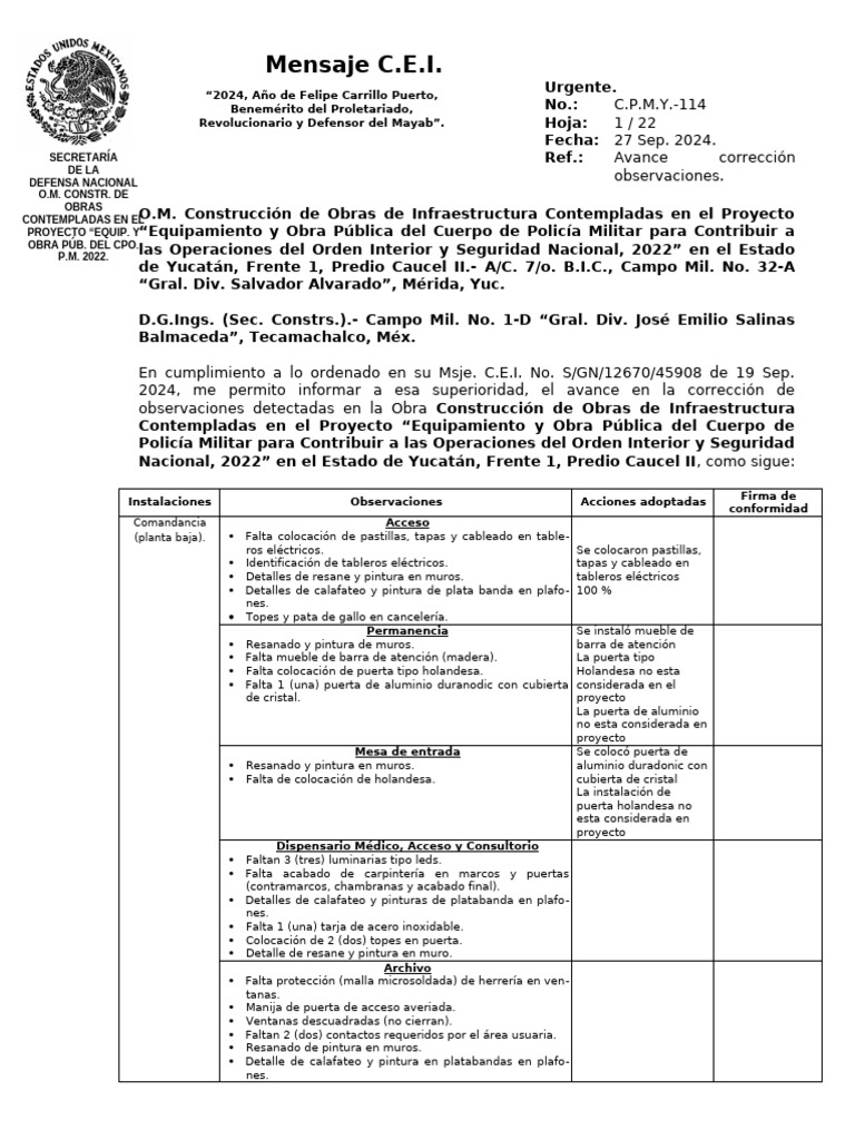C.p.m.y.-114 27 Sep. 2024 Avance Corrección Observaciones G.N. Caucel | PDF