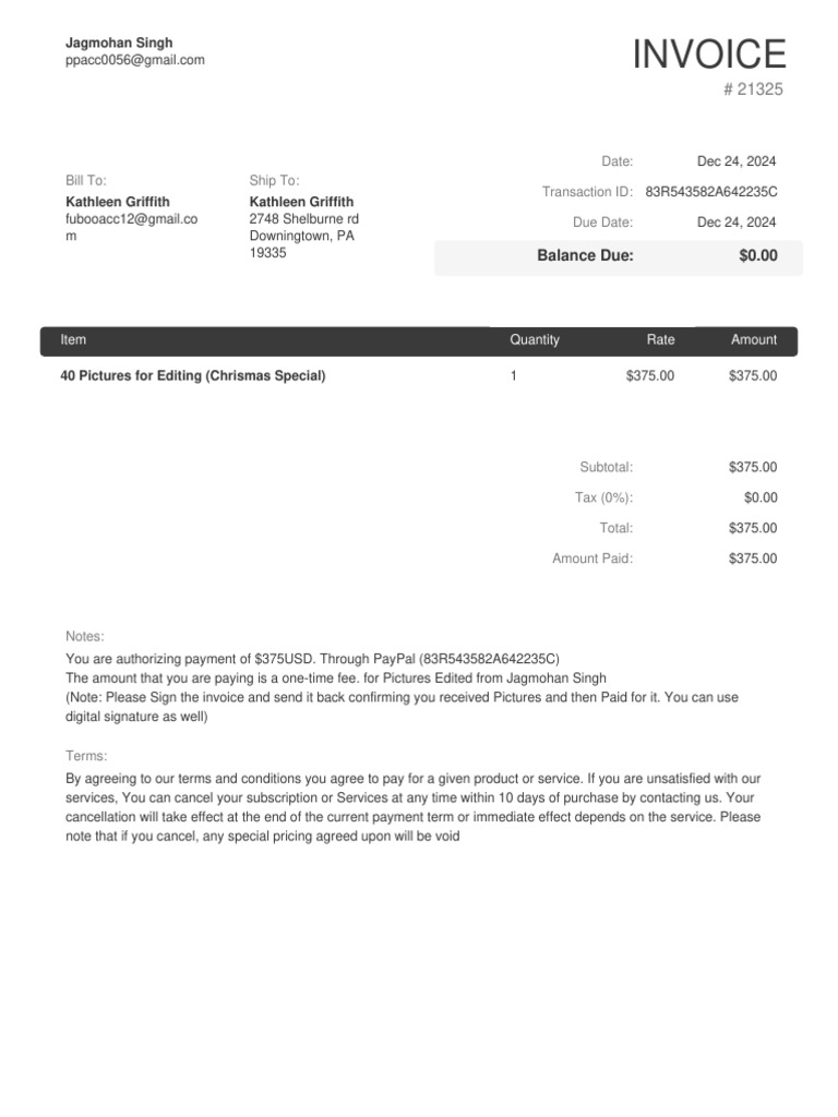 Invoice for Christmas Photo Editing | PDF