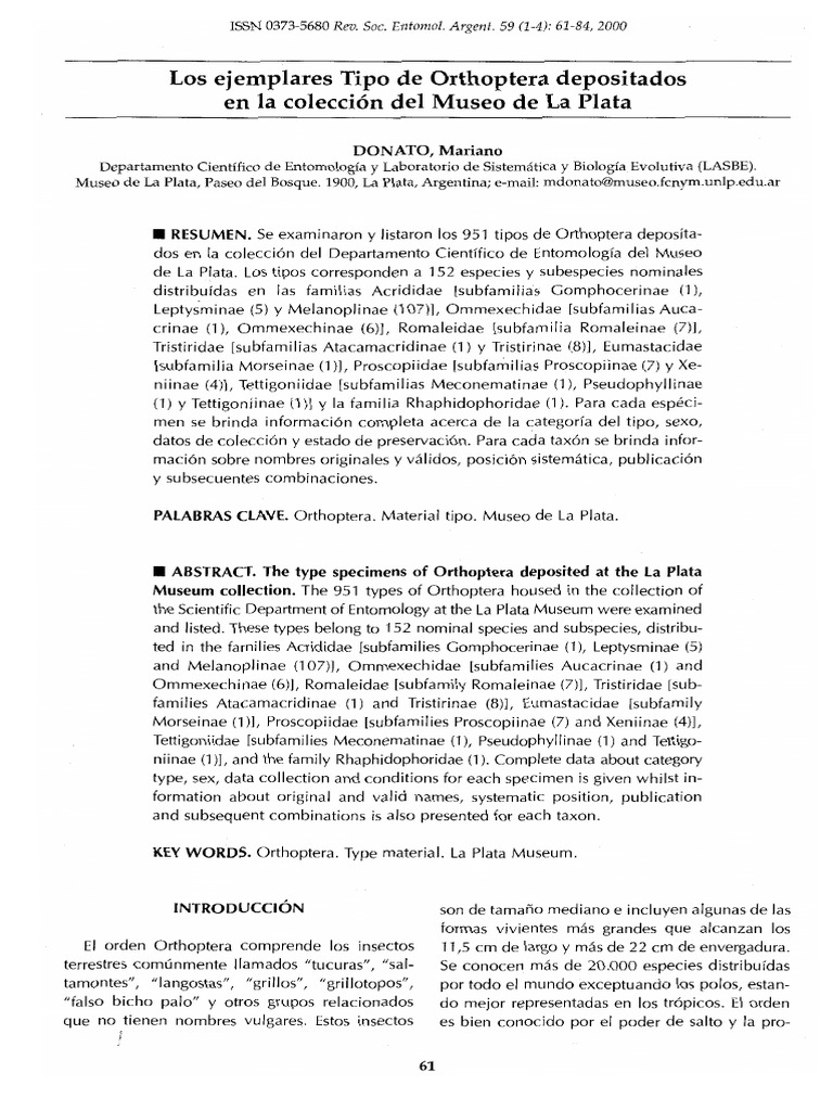 Los Ejemplares Tipo de Orthoptera Depositados en La Colección Del Museo de La Plata | PDF