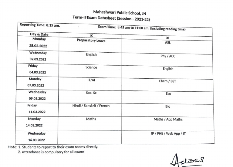 Class 9 and 11 Term 2 Time Table | PDF
