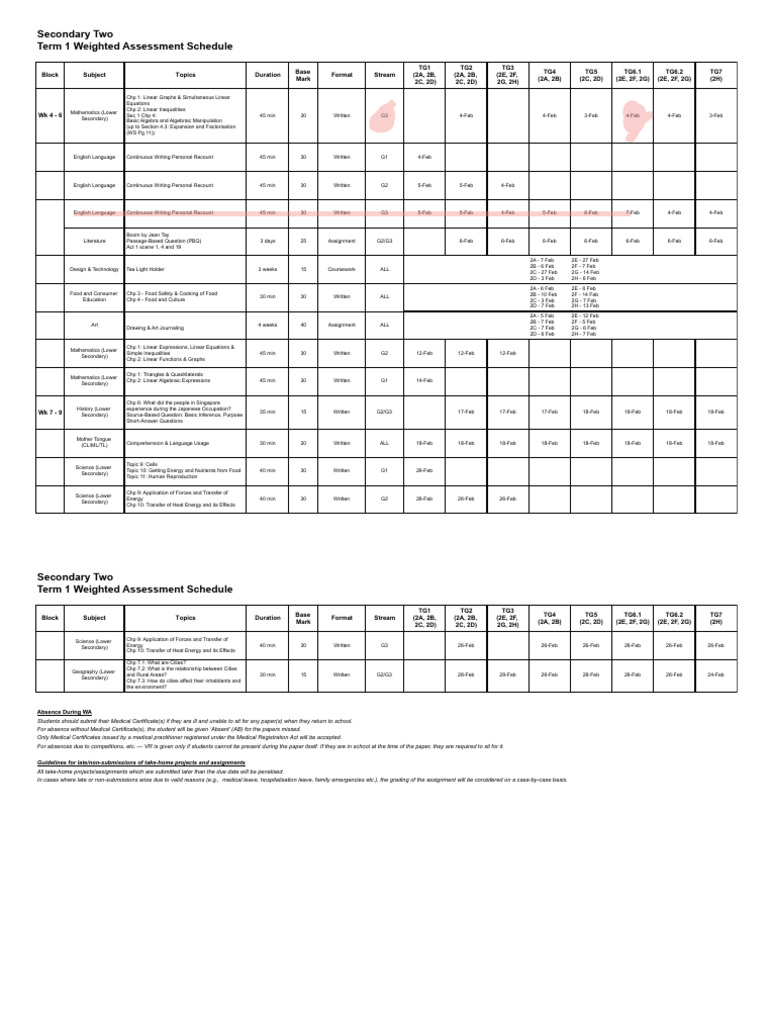 2025 WA1 Schedule - T1 Sec 2 (2) | PDF | Mathematics