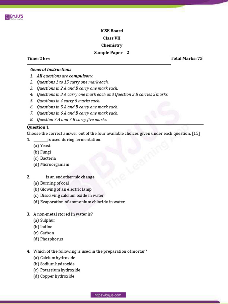 ICSE Class 7 Chemistry Sample Paper Set 2 | PDF | Oxide | Chemical ...