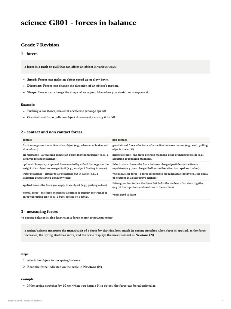 Forces in Balance: Grade 7 Science Guide | PDF | Force | Weight