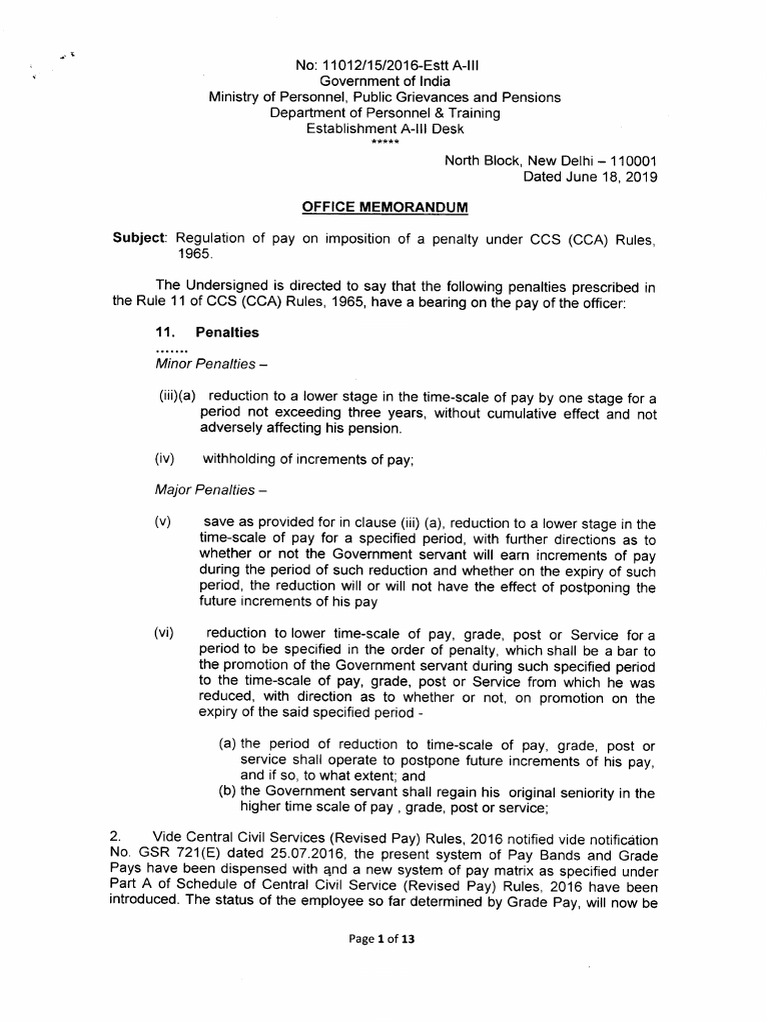Regulation of Pay On Imposing Penalty OM - Dated - 18 - 06 - 2019 | PDF