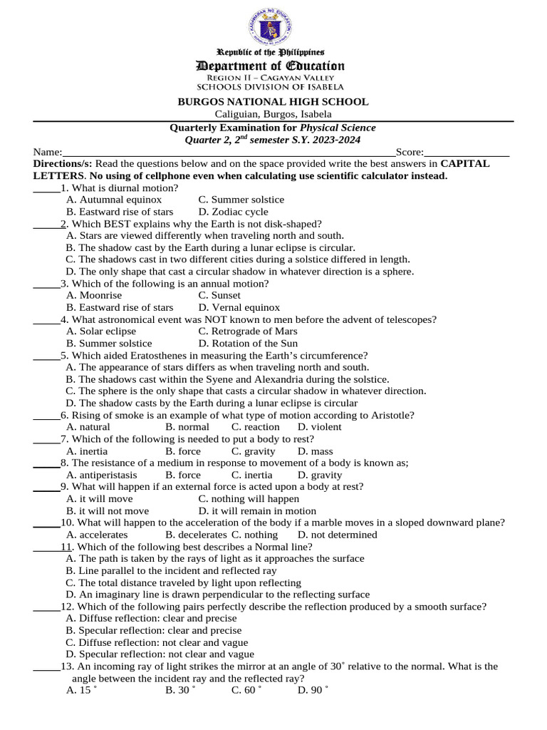 phy sci 2nd q | PDF | Light | Electron