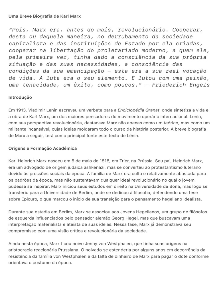Biografia Resumida de Karl Marx | PDF | Karl Marx | Friedrich Engels