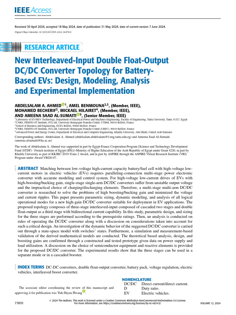 New Interleaved Input Double Float Output Dc Dc Converter Topology For Battery Based Evs Design