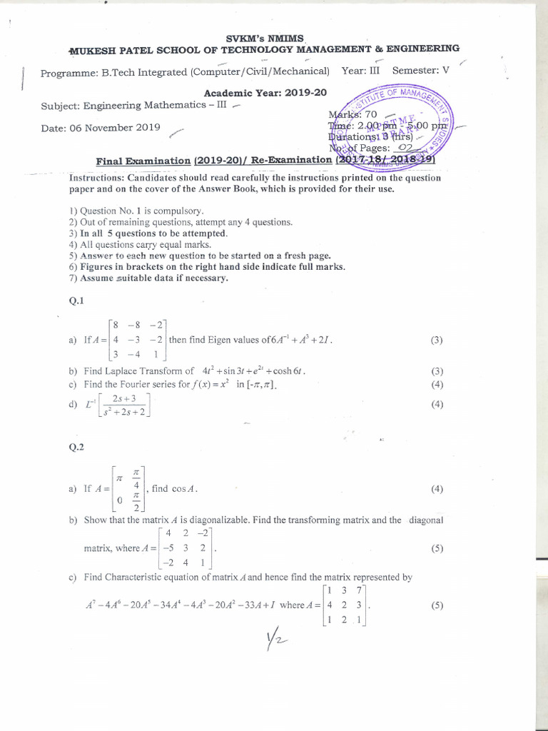 Engineering Mathematics III 2019-20 Final Batch 2017-18 2018-19 Re Exam ...
