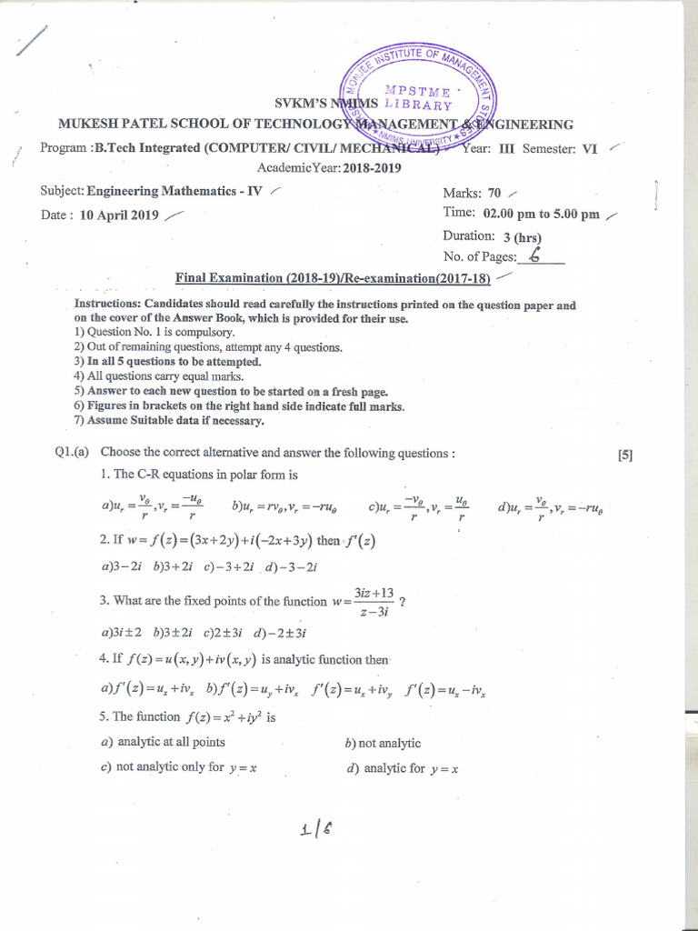 Engineering_Mathematics_IV_Batch_2017-18_Re_Exam_sGIuS19RYO | PDF