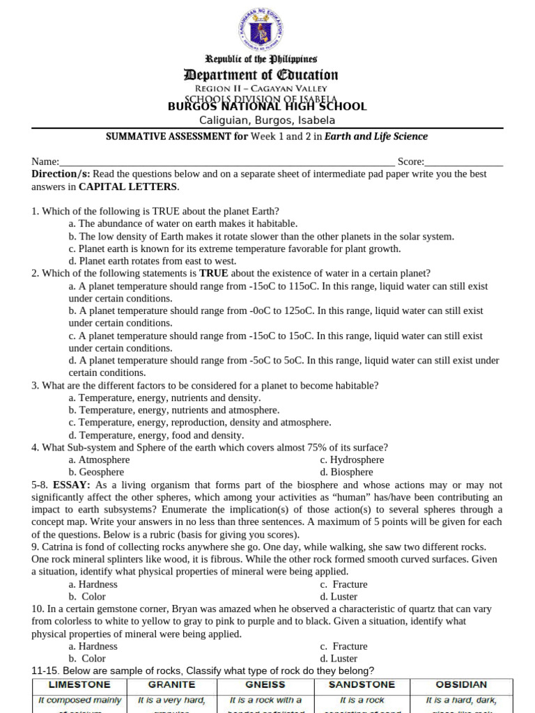 Summative Assessment ELS | PDF | Magma | Igneous Rock