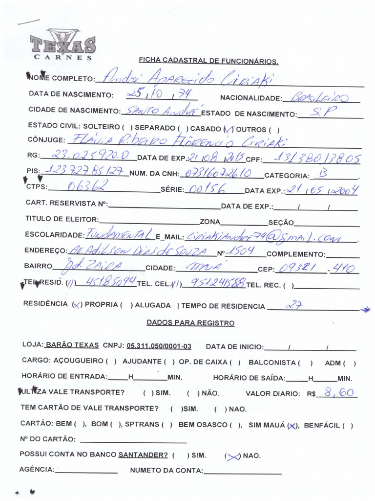 Ficha Cadastral André Ciriaki | PDF