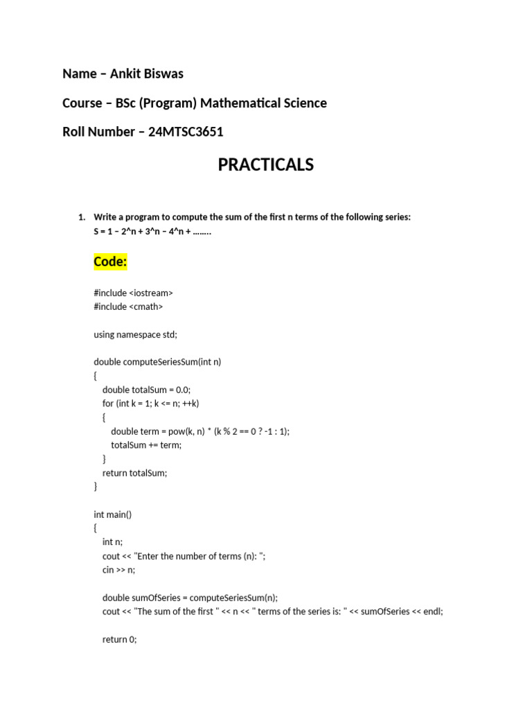 Ankit BScMathSci 24MTSC3651 Practicals | PDF | Namespace | Computer Programming