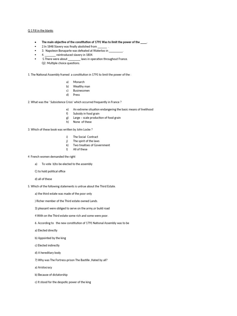 French Revolution Quiz: Fill in Blanks & MCQs | PDF | French Revolution ...
