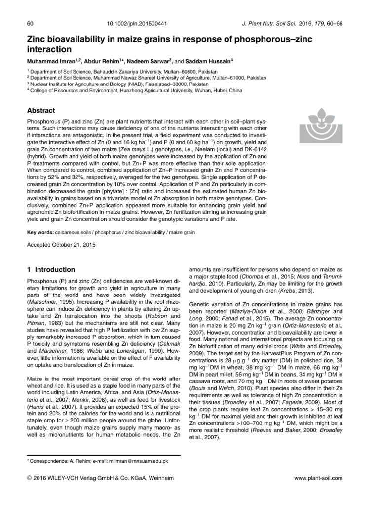 2016-Zinc Bioavailability in Maize Grains in Response of Phosphorous-Zinc | PDF | Zinc | Soil