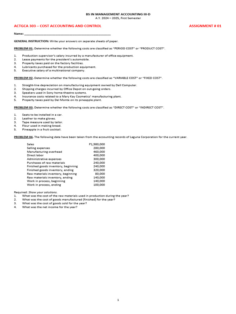CHAPTER-02-ASSIGNMENT-01 | PDF | Cost Of Goods Sold | Expense