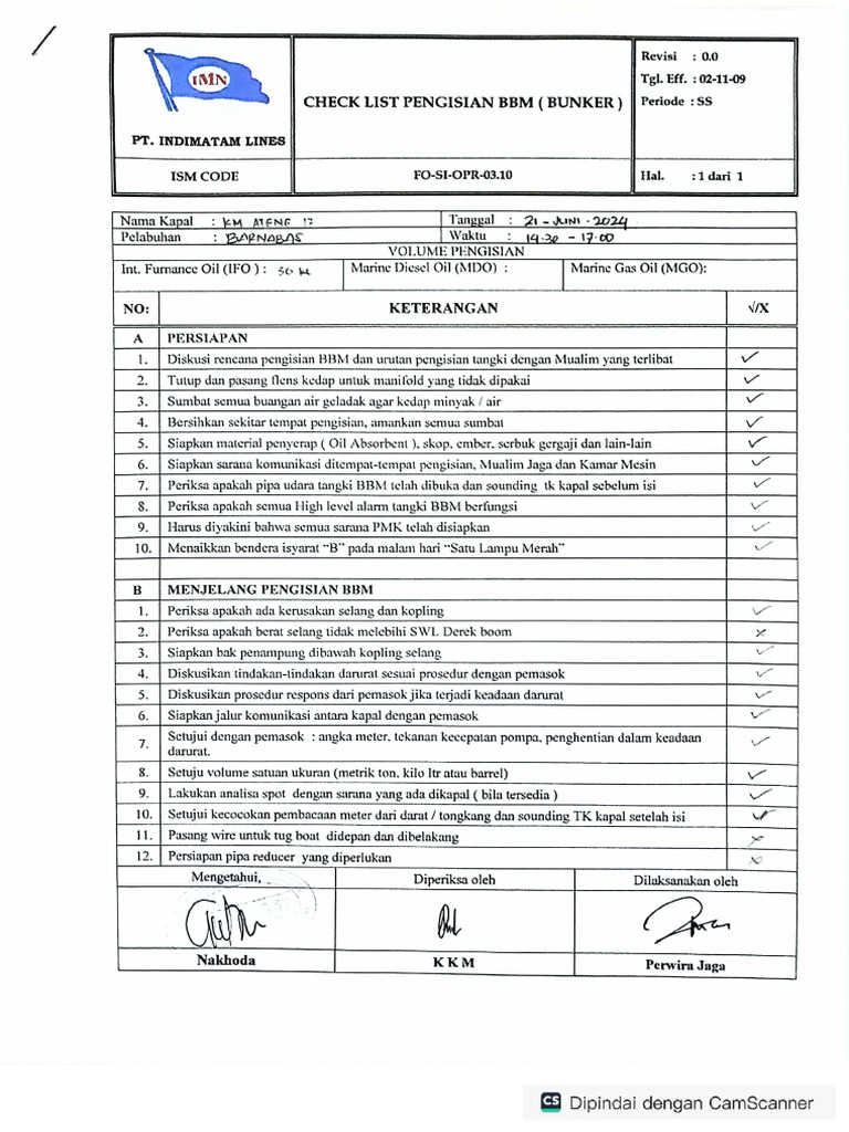 Checklist Pengisian BBM Dan Laporan Inspeksi Bagian Mesin | PDF