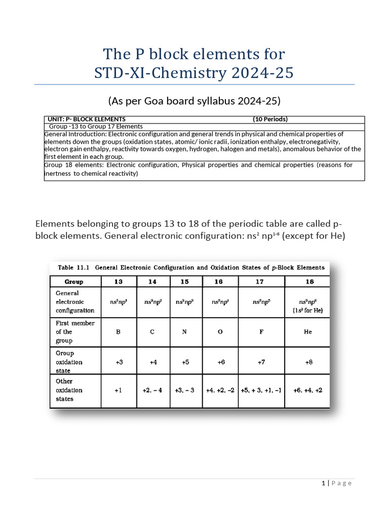 P Block Elements notes-XI | PDF | Periodic Table | Silicon