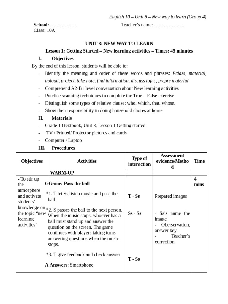 G3 LessonPlan E10 GS U1 L1,2 | PDF | Learning | Human Communication
