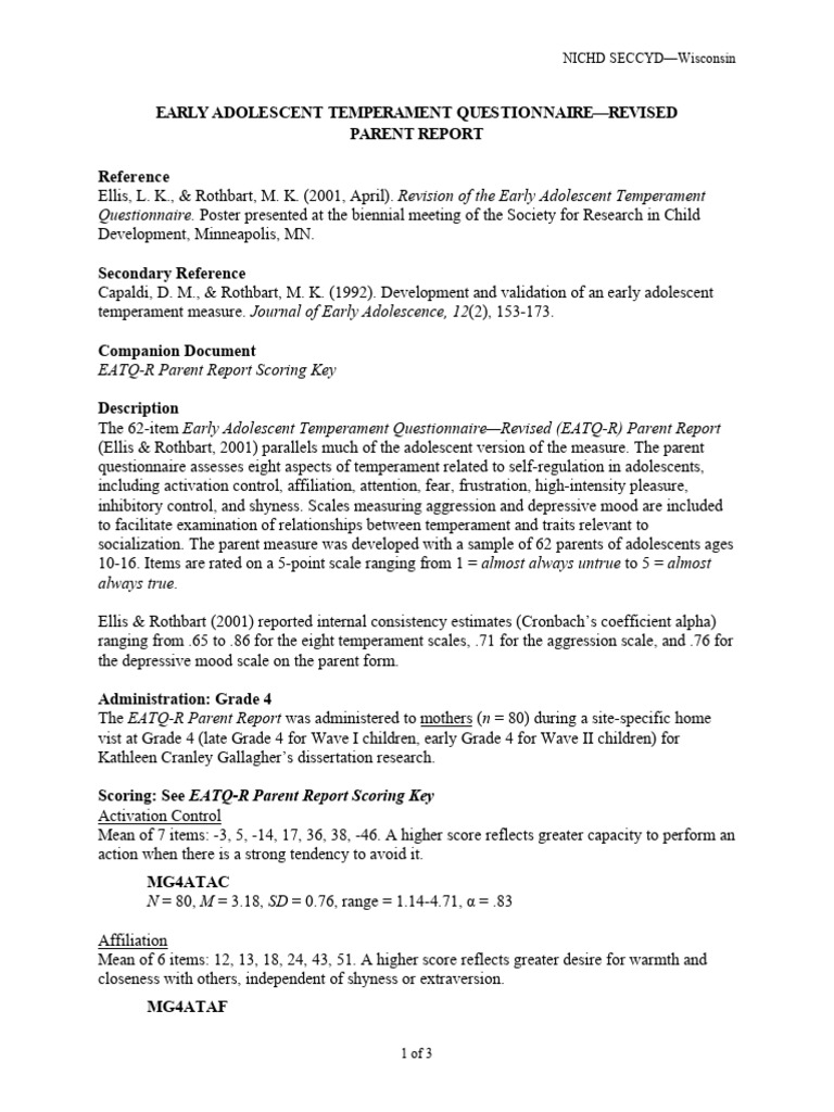 Early Adolescent Temperament Questionnaire | PDF | Temperament | Aggression