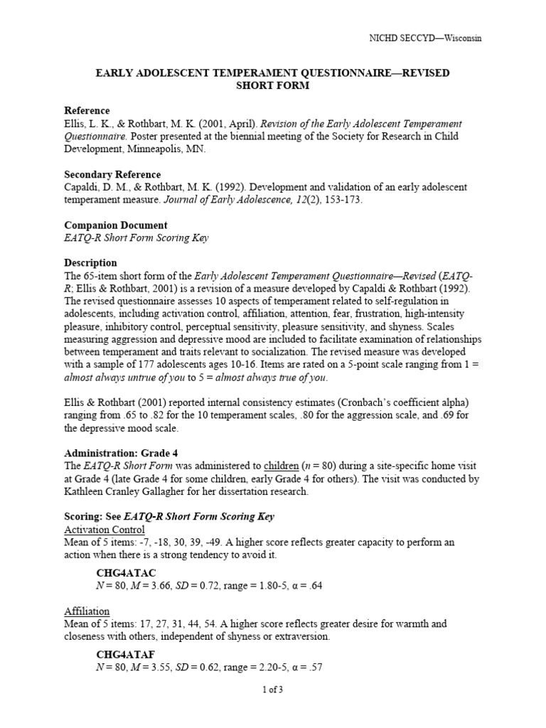 Early Adolescent Temperament Questionnaire | PDF | Temperament | Aggression