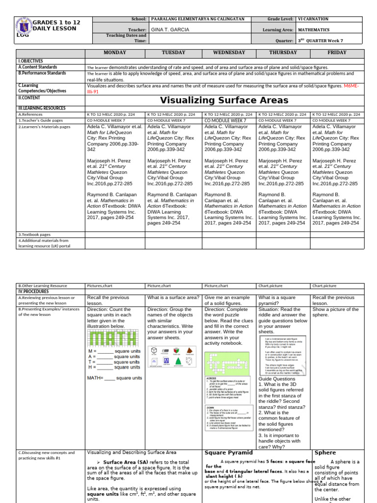 DLL_MATHEMATICS 6_Q3_W7 | PDF | Area | Sphere