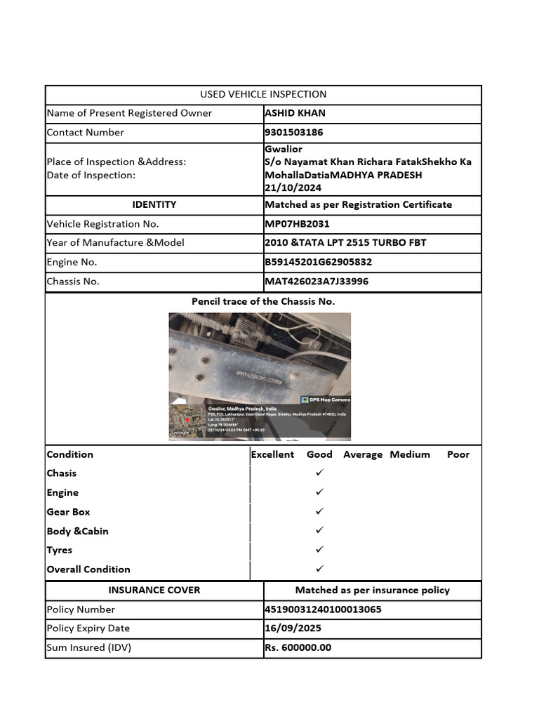 Used Vehicle Inspection Report - TATA LPT 2515 | PDF