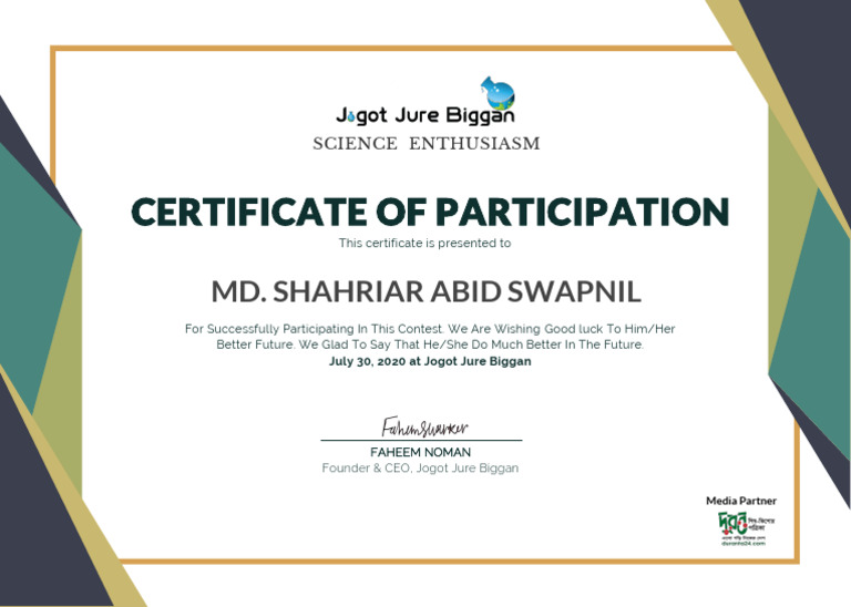 Certificate of Participation: Md. Shahriar Abid Swapnil | PDF