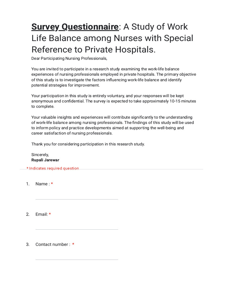 Survey Questionnaire - A Study of Work Life Balance Among Nurses With ...