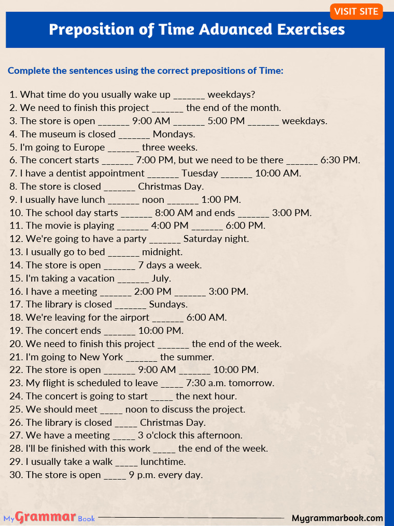 Preposition of Time Exercises Advanced | PDF | Workweek And Weekend