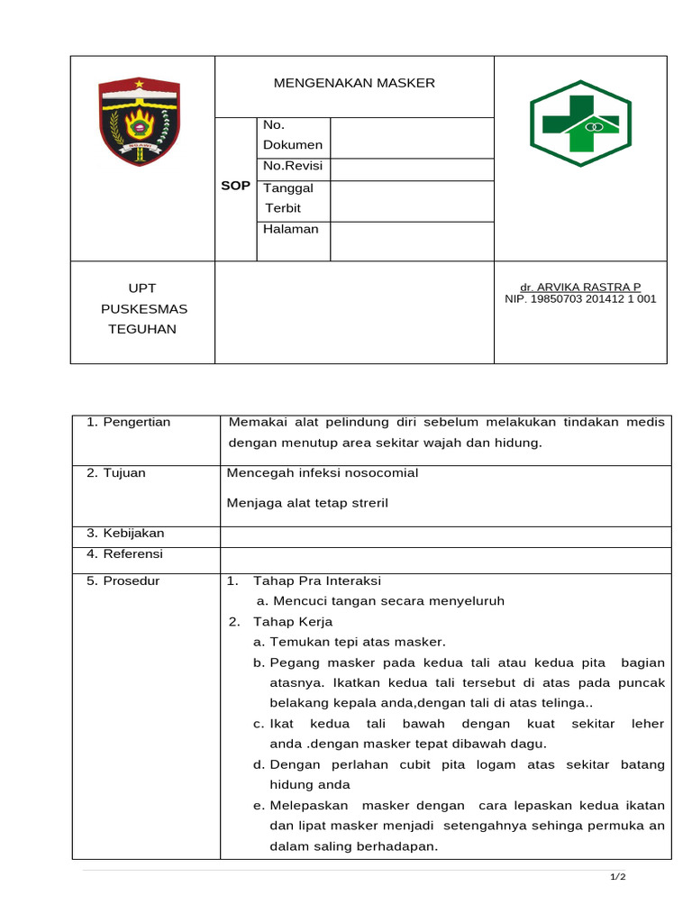 SOP Pemakaian Masker di Puskesmas | PDF