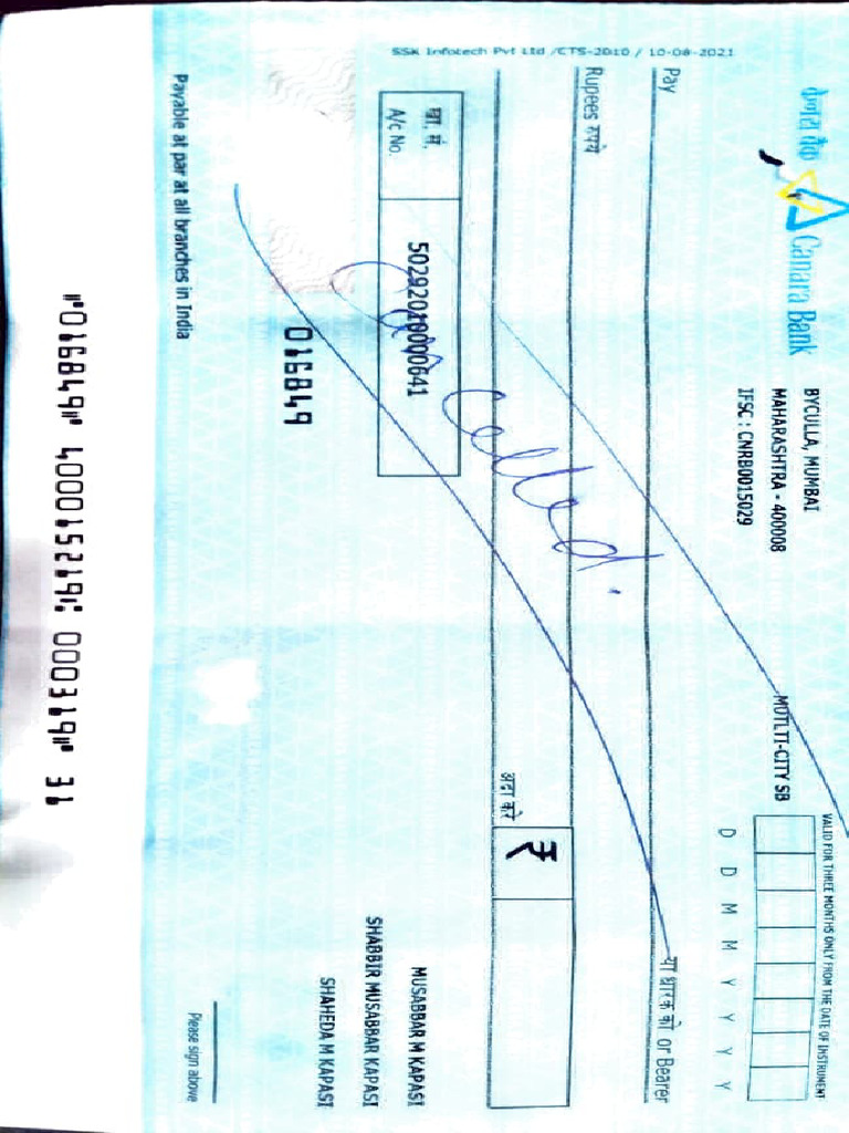 Canara Cancelled Cheque | PDF