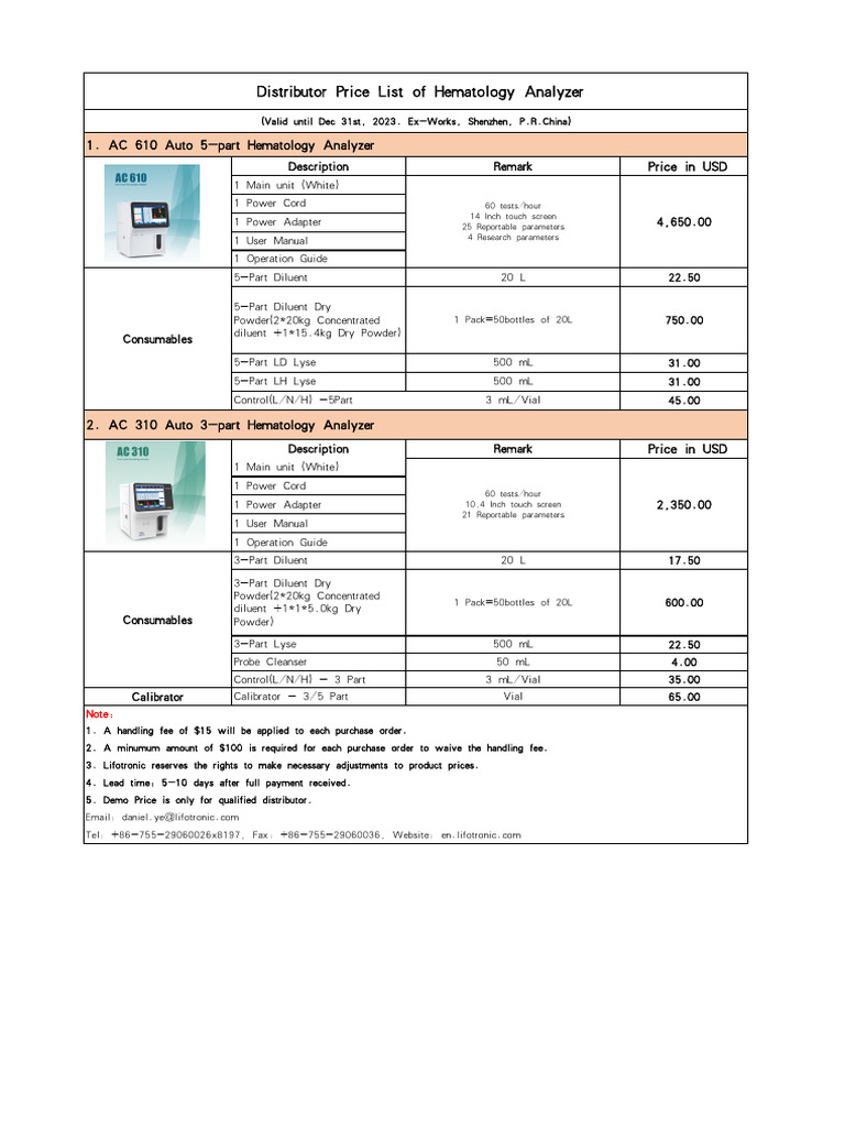 Lifotronic Hematology Analyzer Pricing | PDF