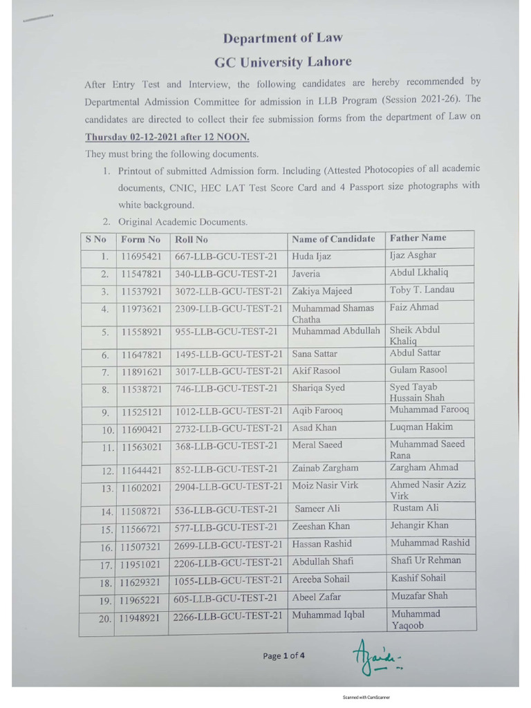 BS LLB Merit List | PDF
