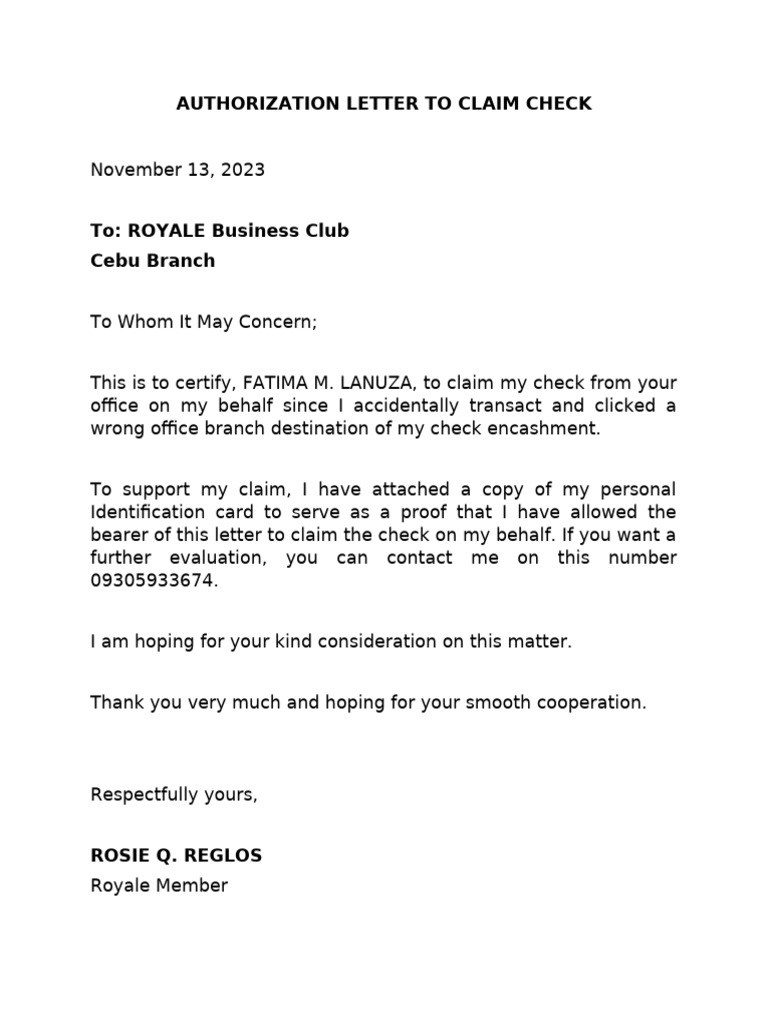 Authorization Letter for Check Claim | PDF
