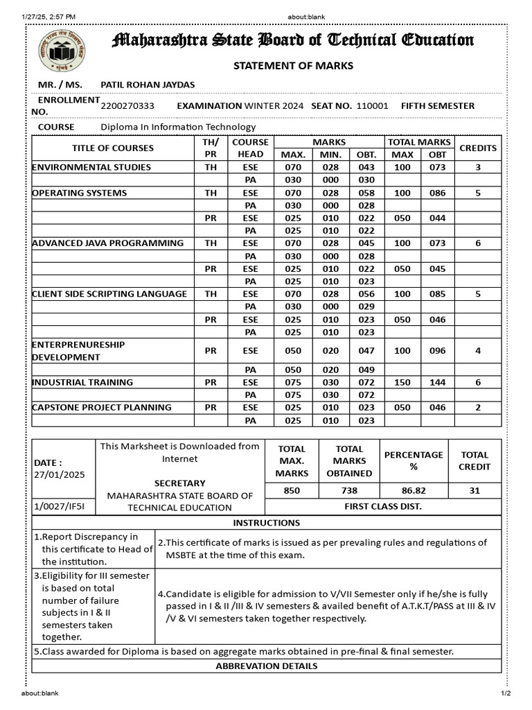 5th sem marksheet | PDF | Qualifications | Educational Stages