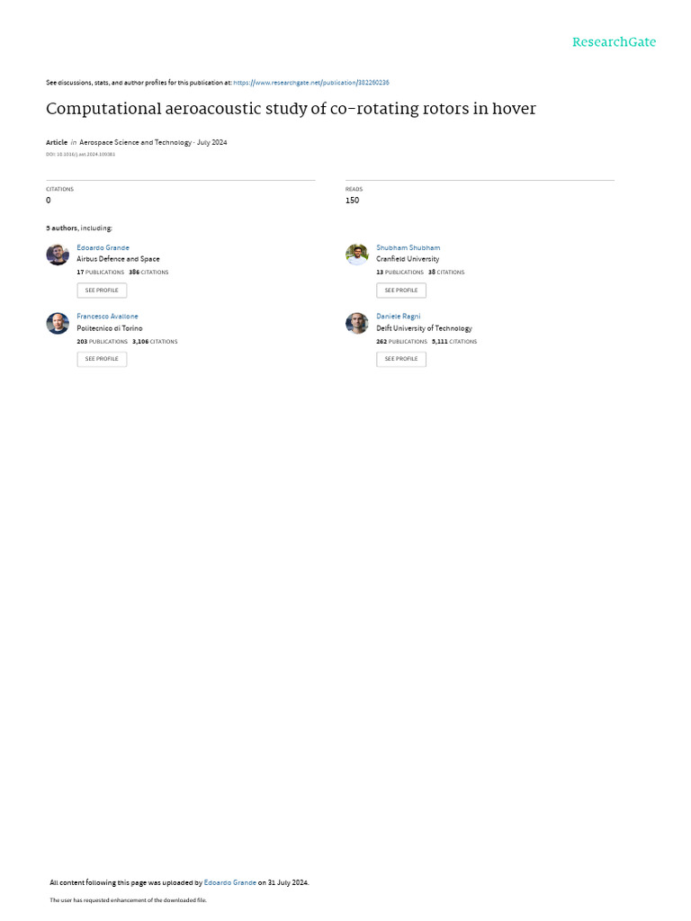 2024 Computational Aeroacoustic Study of Co Rotating Rotors in Hover Grande Et Al AST | PDF ...