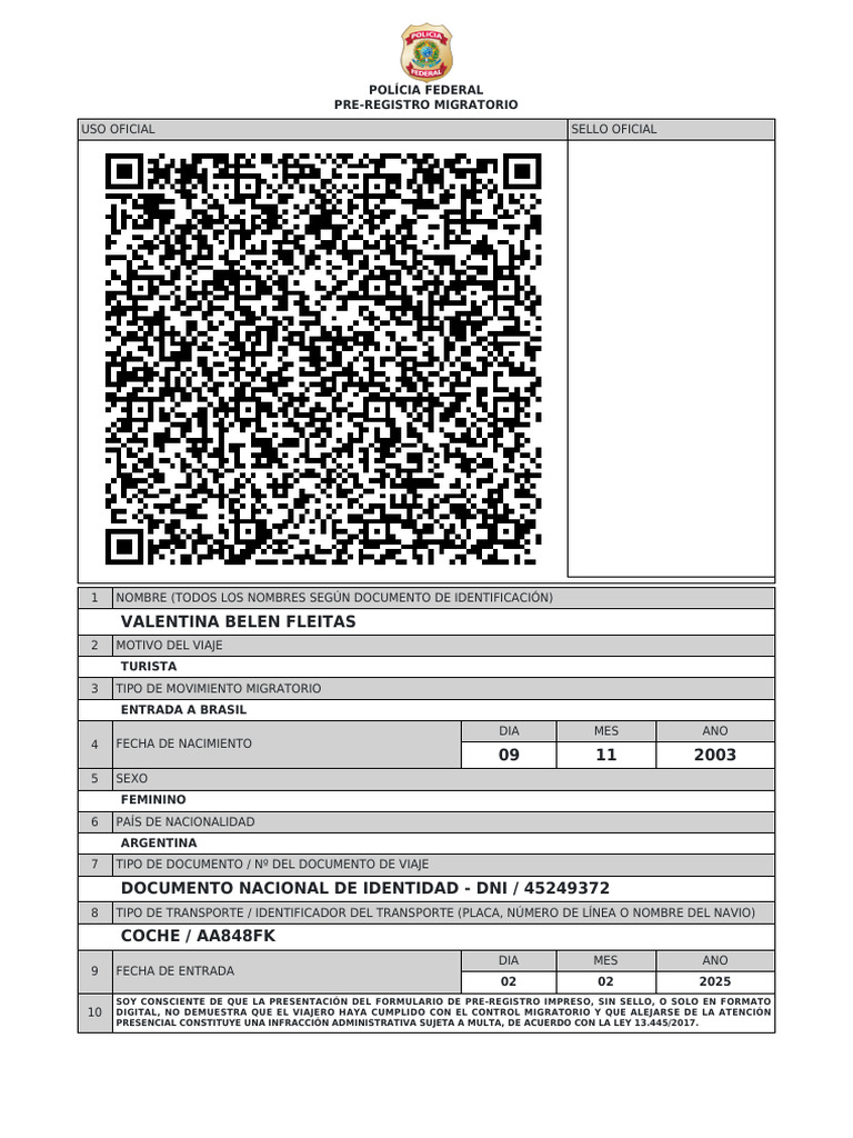 Pre-Registro Migratorio Brasil | PDF