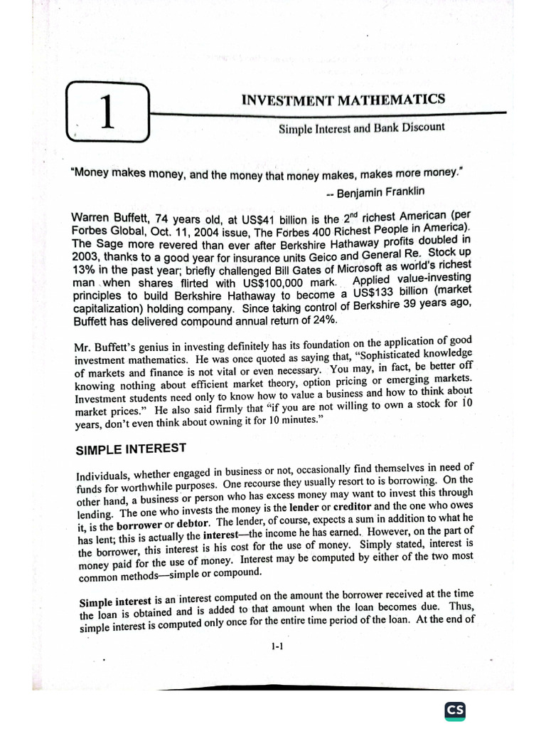 Mathematics in Investment CHAPTER 1 | PDF