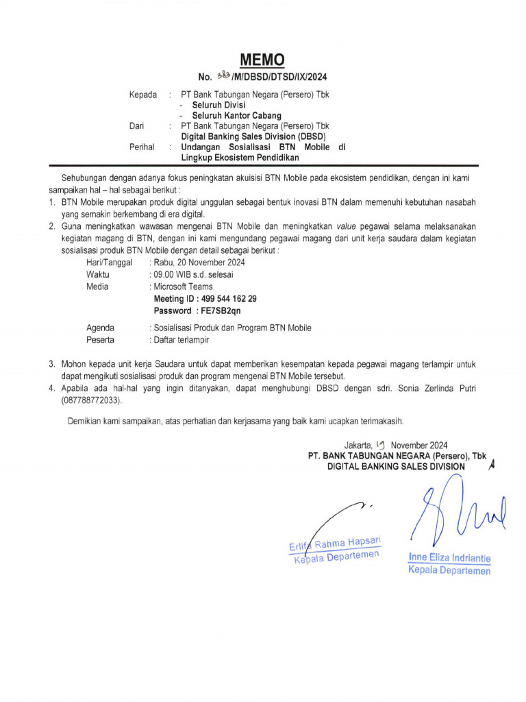 383.M.dbsd.DTSD.xi.2024 Undangan Sosialisasi BTN Mobile Di Lingkup Ekosistem Pendidikan | PDF