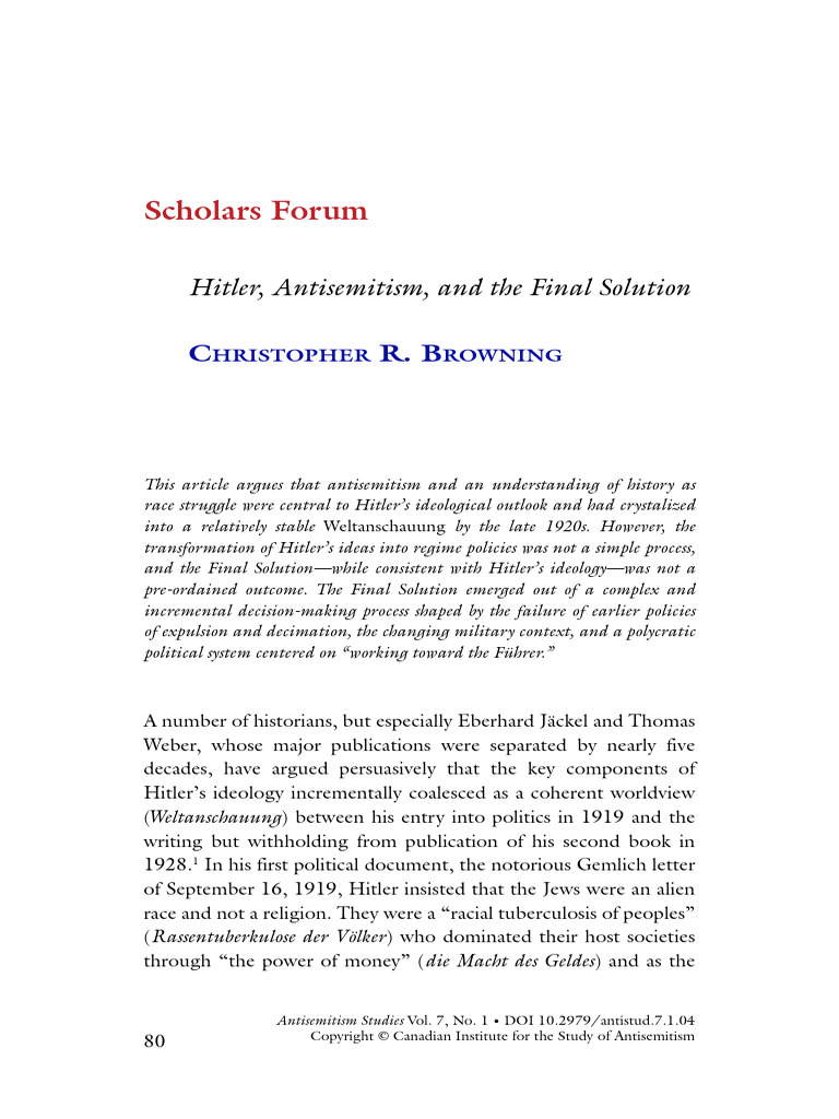 Browning, Christopher R. "'Itler, Antisemitism, and The Final Solution ...