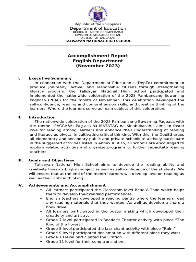 Accomplishment Report English Month | PDF | Behavior Modification | Cognition